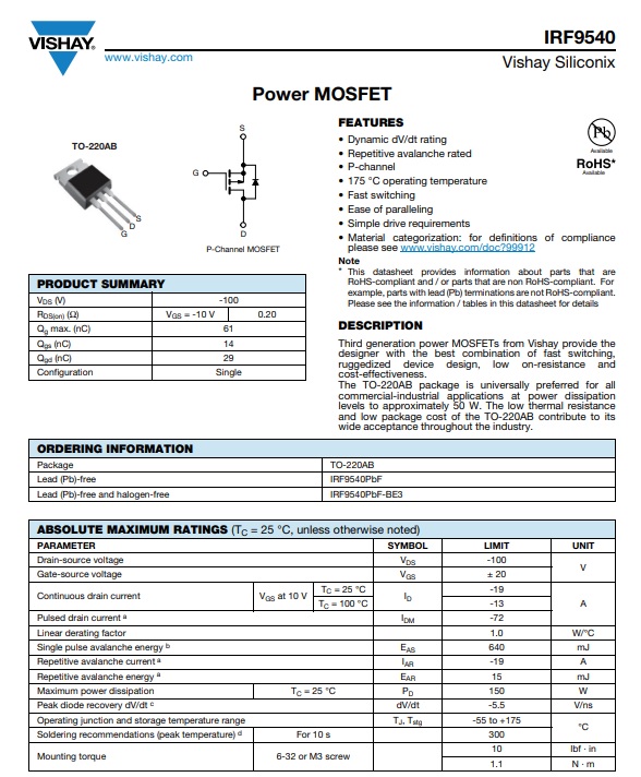 MOSFET IRF9540 – Sistemas de Innovación Electrónica Spa.